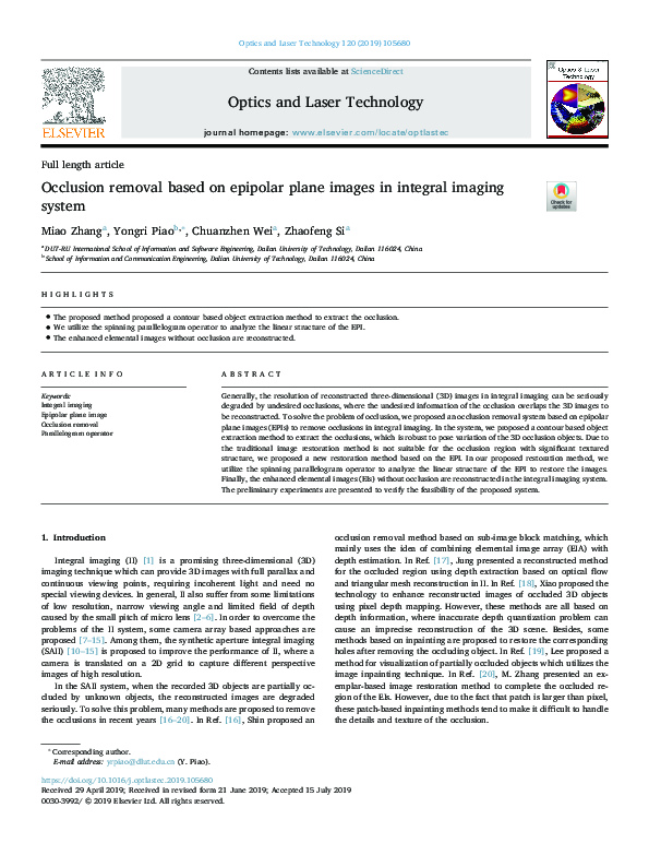 (PDF) Occlusion removal based on epipolar plane images in integral imaging system | Zhaofeng Si ...