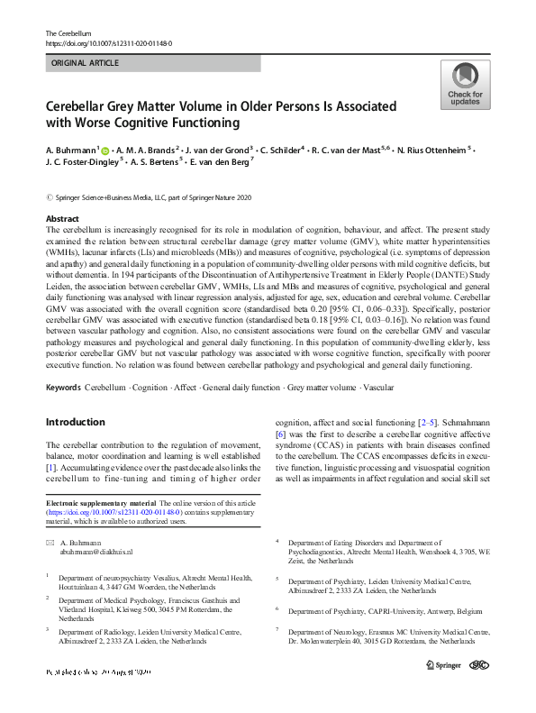 (PDF) Cerebellar Grey Matter Volume in Older Persons Is Associated with ...