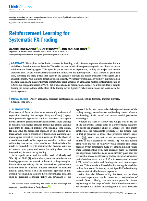 (PDF) Reinforcement Learning for Systematic FX Trading