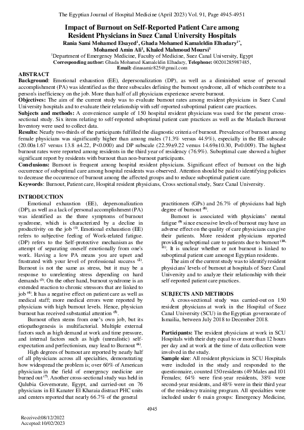 (PDF) Impact of Burnout on Self-Reported Patient Care among Resident Physicians in Suez Canal ...