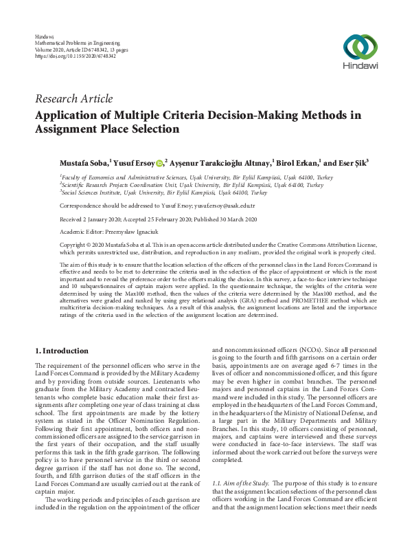 (PDF) Application of Multiple Criteria Decision-Making Methods in Assignment Place Selection
