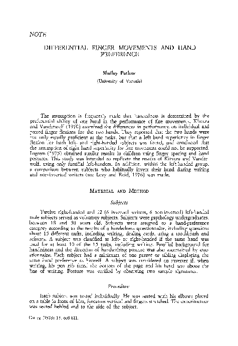 (PDF) Differential Finger Movements and Hand Preference | Shelley ...