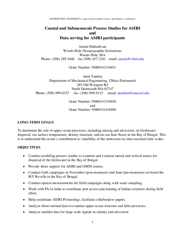 (PDF) Coastal and Submesoscale Process Studies for ASIRI and Data ...