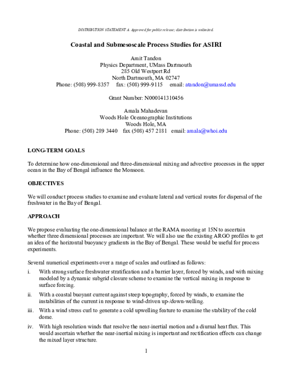 (PDF) Coastal and Submesoscale Process Studies for ASIRI