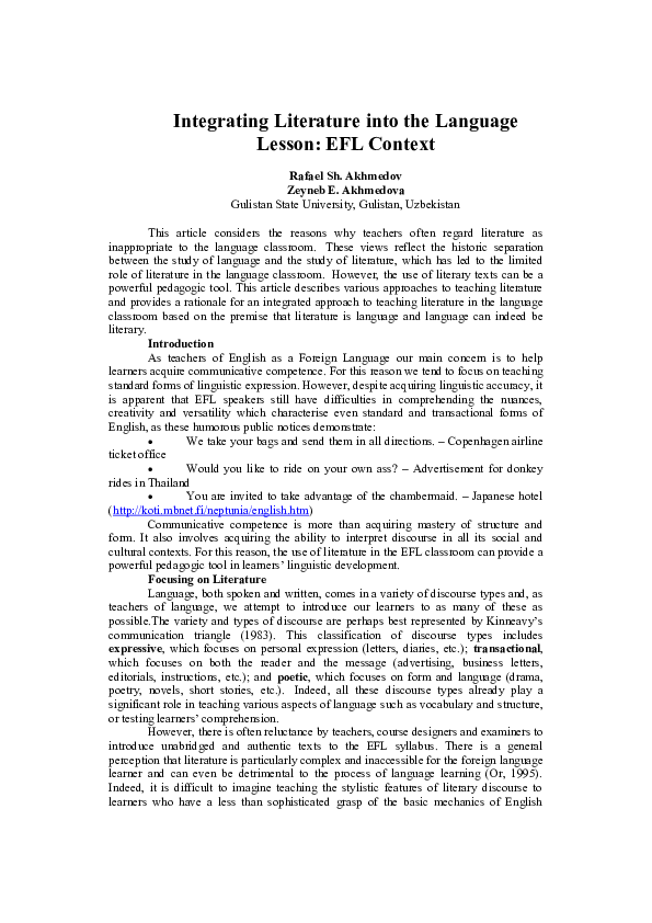 (DOC) Integrating Literature into the Language Lesson: EFL Context