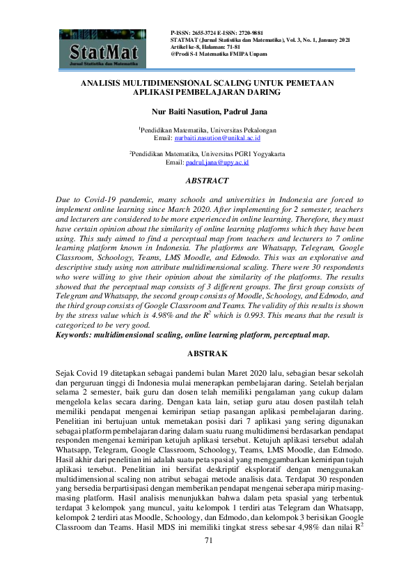 (PDF) Analisis Multidimensional Scaling Untuk Pemetaan Aplikasi Pembelajaran Daring