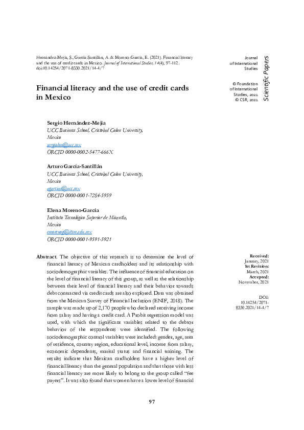 (PDF) Financial literacy and the use of credit cards in Mexico