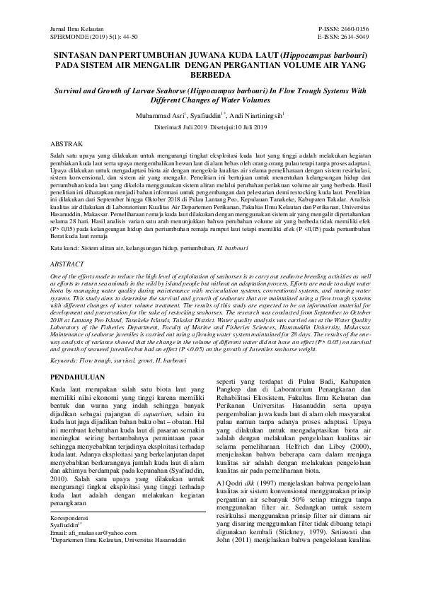 (PDF) SINTASAN DAN PERTUMBUHAN JUWANA KUDA LAUT (Hippocampus barbouri ...