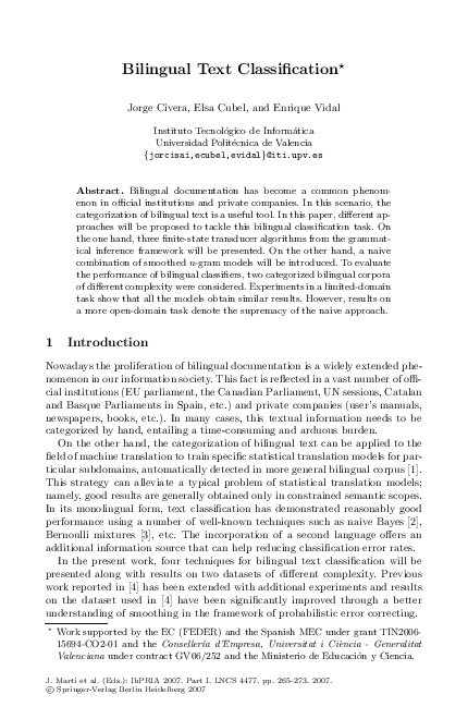 (PDF) Classifying Bilingual Text: Algorithms and Models