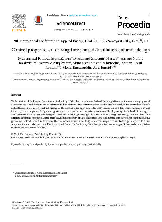 (PDF) Control properties of driving force based distillation columns design