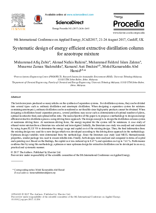 (PDF) Systematic design of energy efficient extractive distillation column for azeotrope mixture