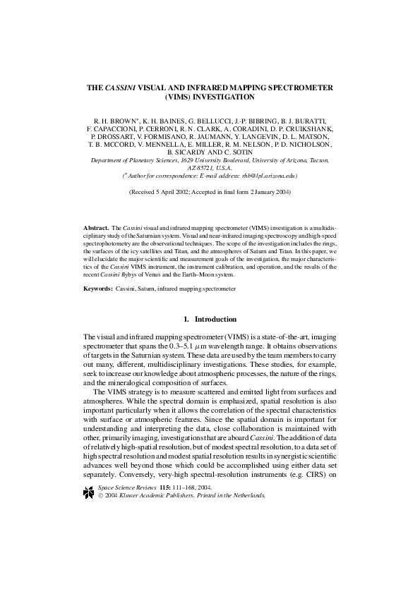 Pdf The Cassini Visual And Infrared Mapping Spectrometer Vims