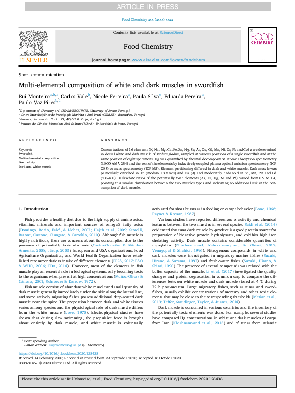 (PDF) Multi-elemental composition of white and dark muscles in swordfish