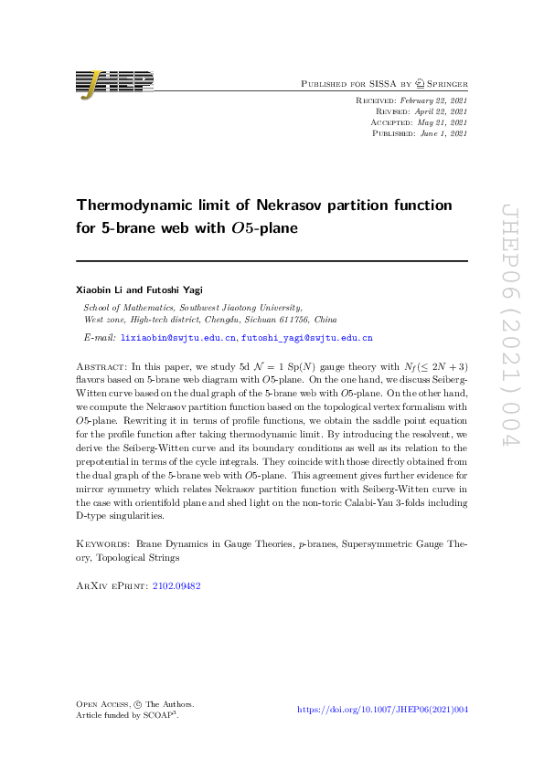 (PDF) Nekrasov Partition Function and O5-plane Dynamics
