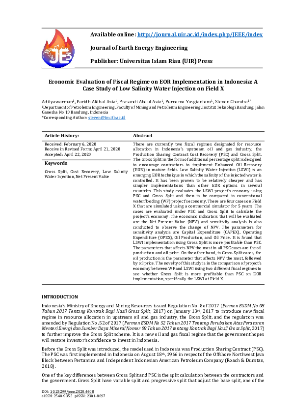 (PDF) Economic Evaluation of Fiscal Regime on EOR Implementation in Indonesia: A Case Study of ...