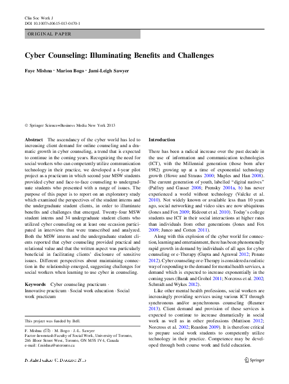 (PDF) Cyber Counseling: Illuminating Benefits and Challenges