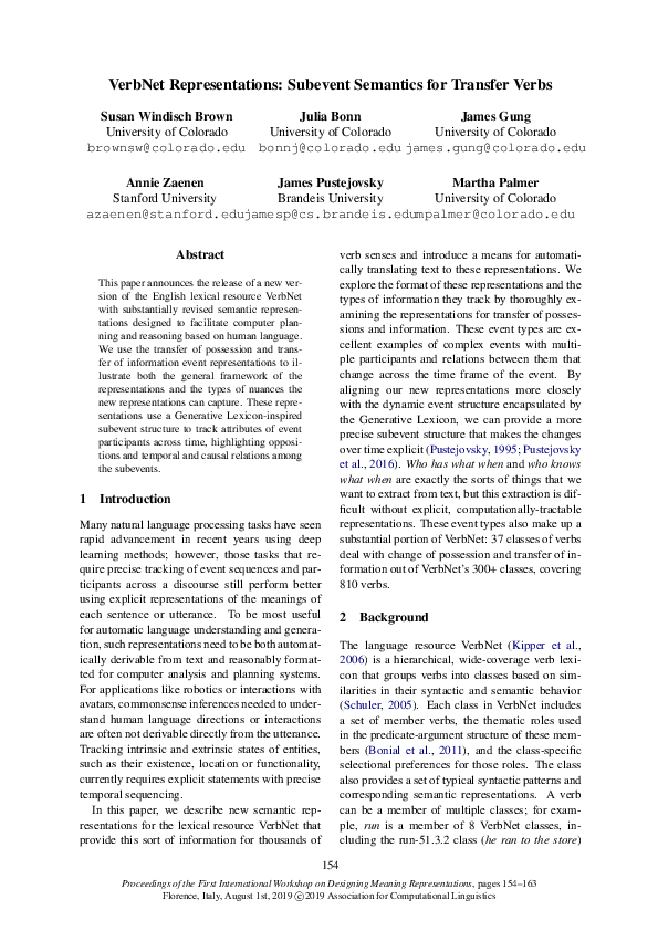 (PDF) VerbNet Representations: Subevent Semantics for Transfer Verbs