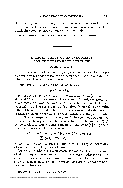 (PDF) A short proof of an inequality for the permanent function