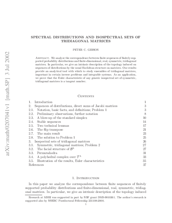 (PDF) Spectral distributions and isospectral sets of tridiagonal matrices