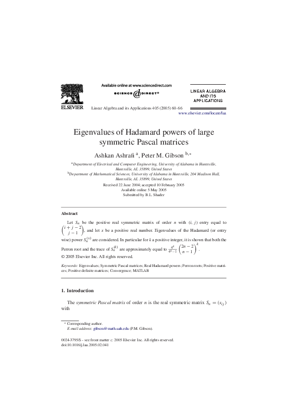 (PDF) Eigenvalues of Hadamard powers of large symmetric Pascal matrices | Peter Adam Gibson ...