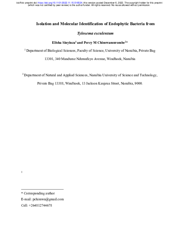 (PDF) Isolation and Molecular Identification of Endophytic Bacteria from Tylosema esculentum