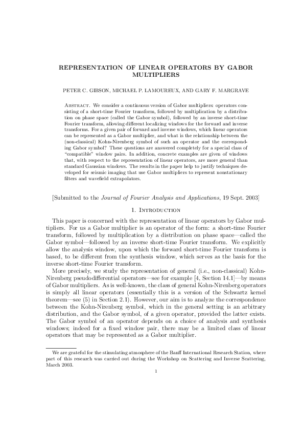 (PDF) Representation of Linear Operators by Gabor Multipliers | Peter Adam Gibson - Academia.edu