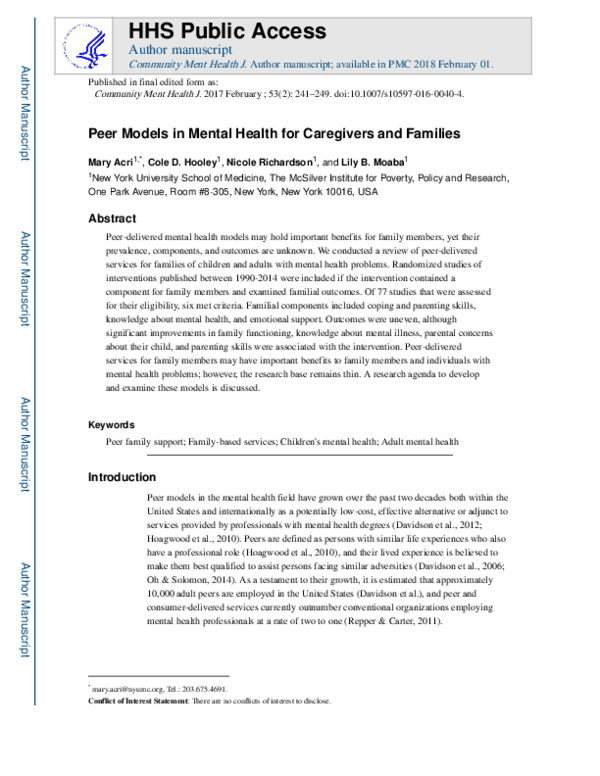 (PDF) Peer Models in Mental Health for Caregivers and Families