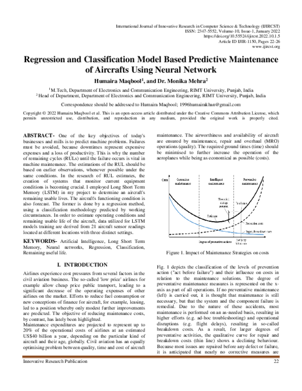 (PDF) Regression and Classification Model Based Predictive Maintenance of Aircrafts Using Neural ...