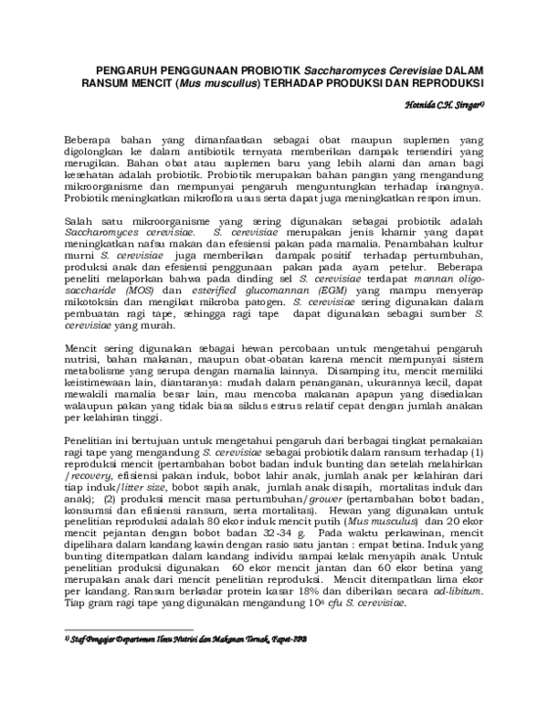 (PDF) Pengaruh Penggunaan Probiotik Saccharomyces cerevisiae dalam ...