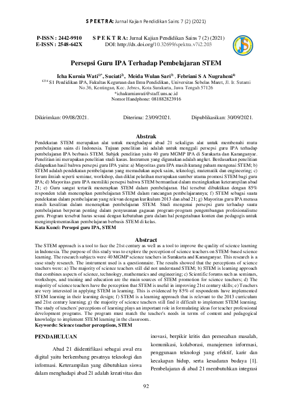 (PDF) Persepsi Guru IPA Terhadap Pembelajaran STEM