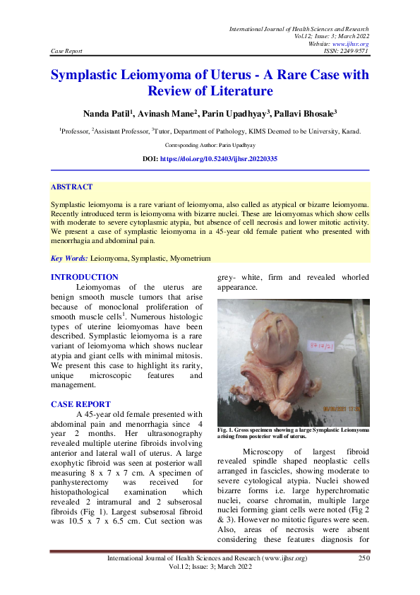 (PDF) Symplastic Leiomyoma of Uterus - A Rare Case with Review of ...