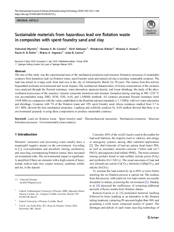 (PDF) Sustainable materials from hazardous lead ore flotation waste in ...