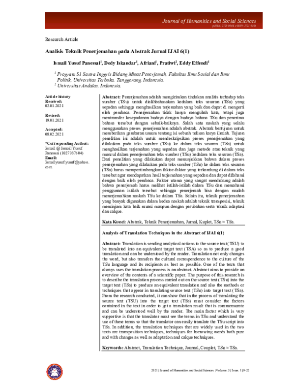 (PDF) Analisis Teknik Penerjemahan pada Abstrak Jurnal IJAI 6(1)