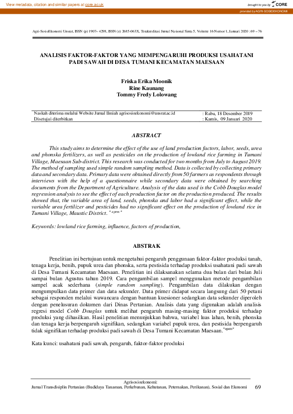 (PDF) Analisis Faktor-Faktor Yang Mempengaruhi Produksi Usahatani Padi Sawah DI Desa Tumani ...