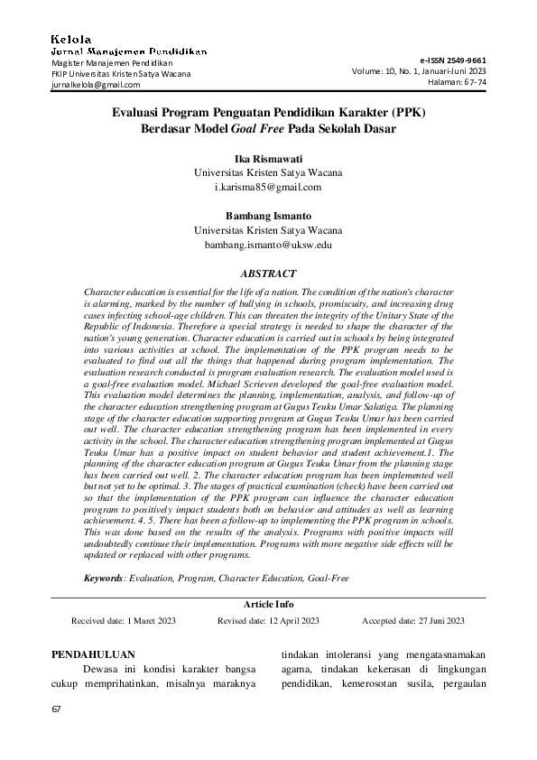 (PDF) Evaluasi Program Penguatan Pendidikan Karakter (PPK) Berdasar Model Goal Free Pada Sekolah ...