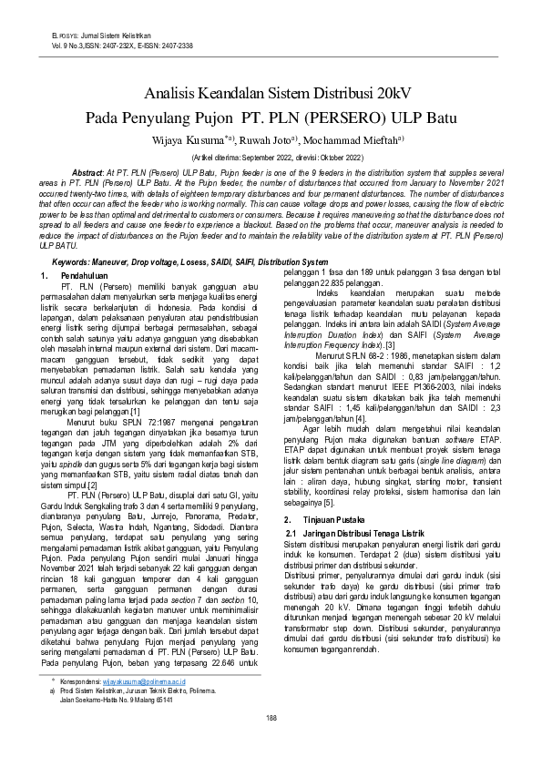 (PDF) Analisis Keandalan Sistem Distribusi 20kV Pada Penyulang Pujon PT. PLN (PERSERO) ULP Batu