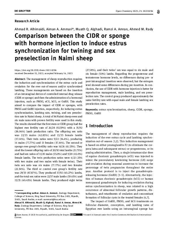 Pdf Comparison Between The Cidr Or Sponge With Hormone Injection To Induce Estrus