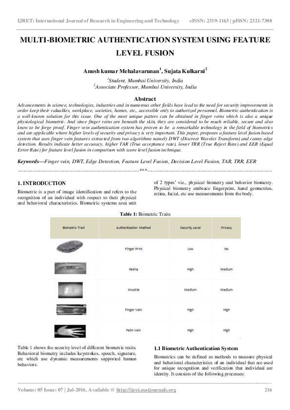 (PDF) Multi-Biometric Authentication System Using Feature Level Fusion