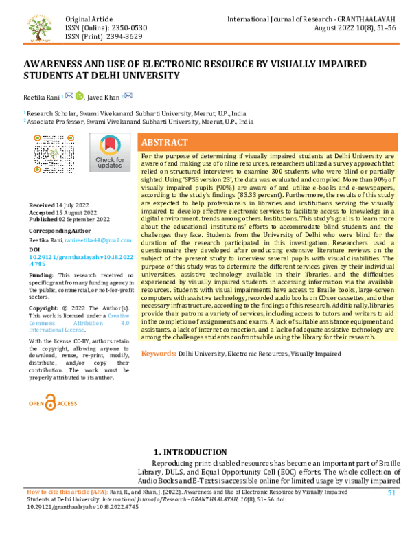 (PDF) Awareness and Use of Electronic Resource by Visually Impaired Students at Delhi University