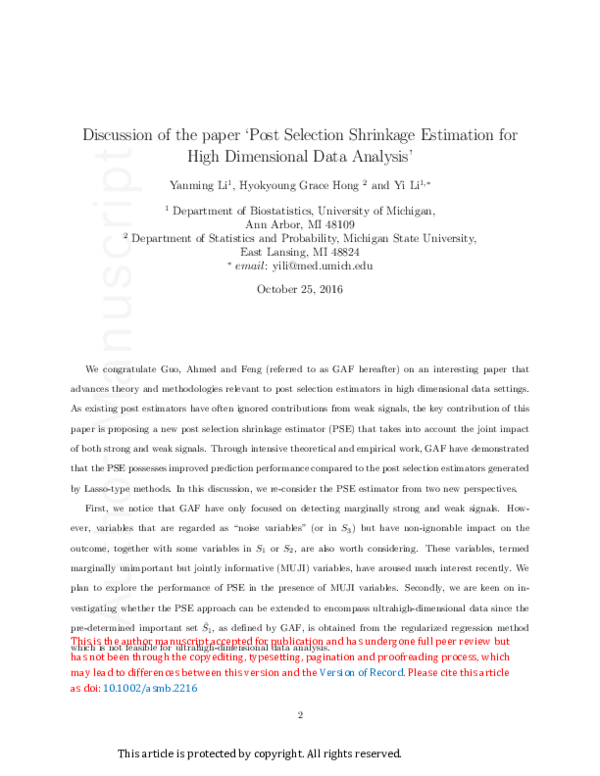 (PDF) Enhancing Post Selection Estimation in High Dimensions