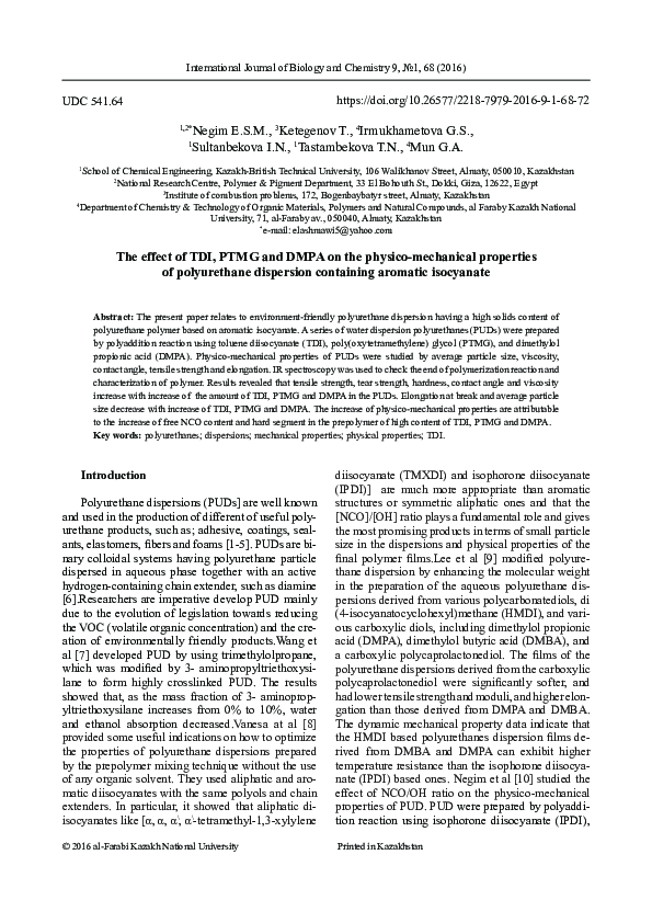 (PDF) The effect of TDI, PTMG and DMPA on the physico-mechanical ...