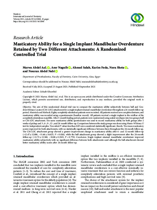 (PDF) Masticatory Ability for a Single Implant Mandibular Overdenture ...