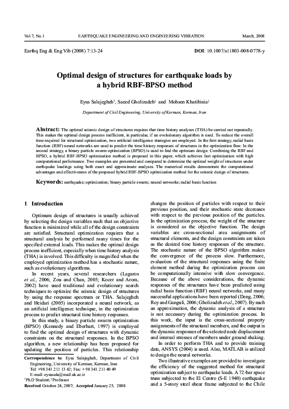 (PDF) Optimal design of structures for earthquake loads by a hybrid RBF-BPSO method