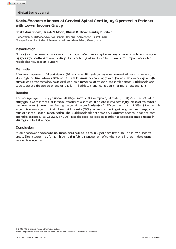 (PDF) Socioeconomic impact of cervical spinal cord injury operated in ...