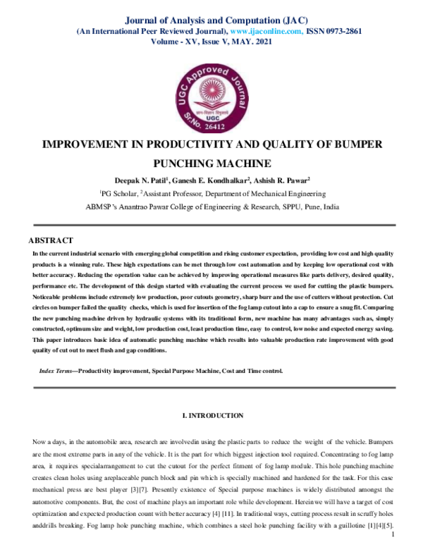 (PDF) Improvement in Productivity and Quality of Bumper