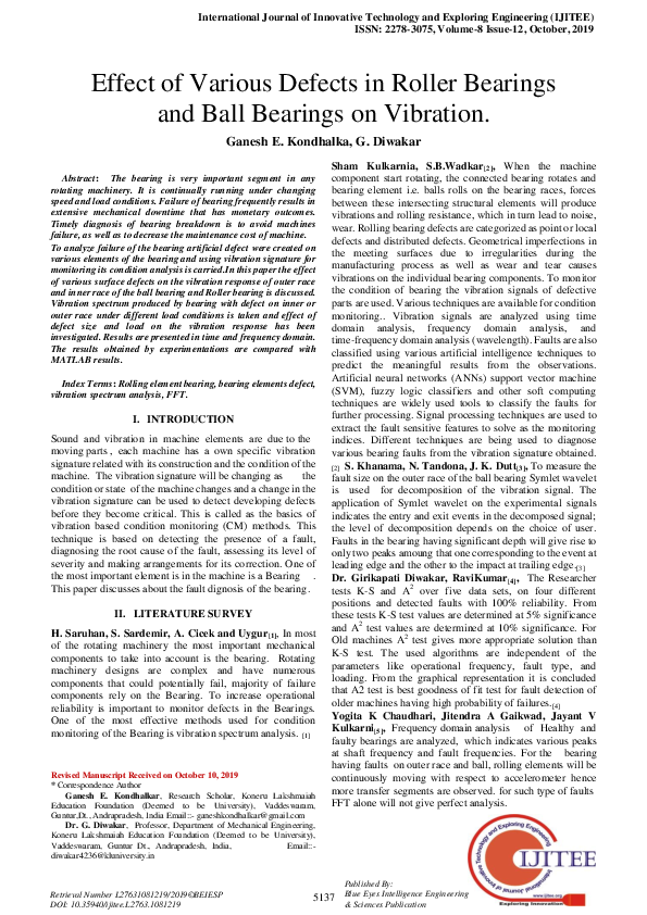 (PDF) Effect of Various Defects in Roller Bearings and Ball Bearings on ...