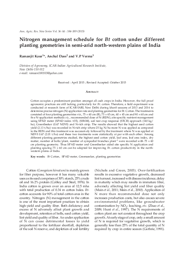 (PDF) Nitrogen management schedule for Bt cotton under different planting geometries in semi ...