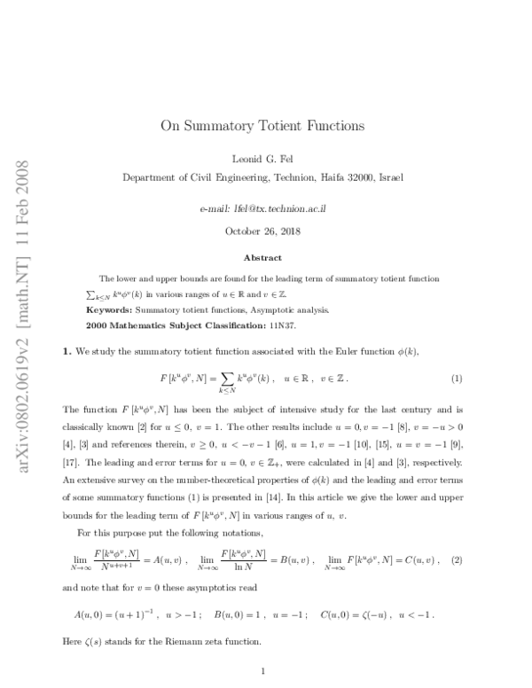 (PDF) On Summatory Totient Functions