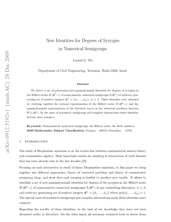 (PDF) New Identities for Degrees of Syzygies in Numerical Semigroups