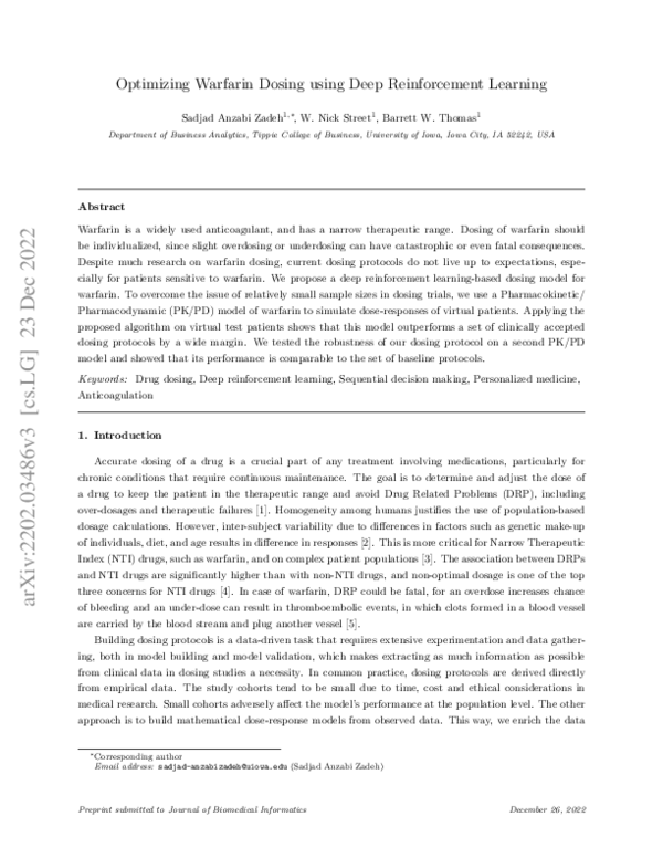 (PDF) Optimizing warfarin dosing using deep reinforcement learning